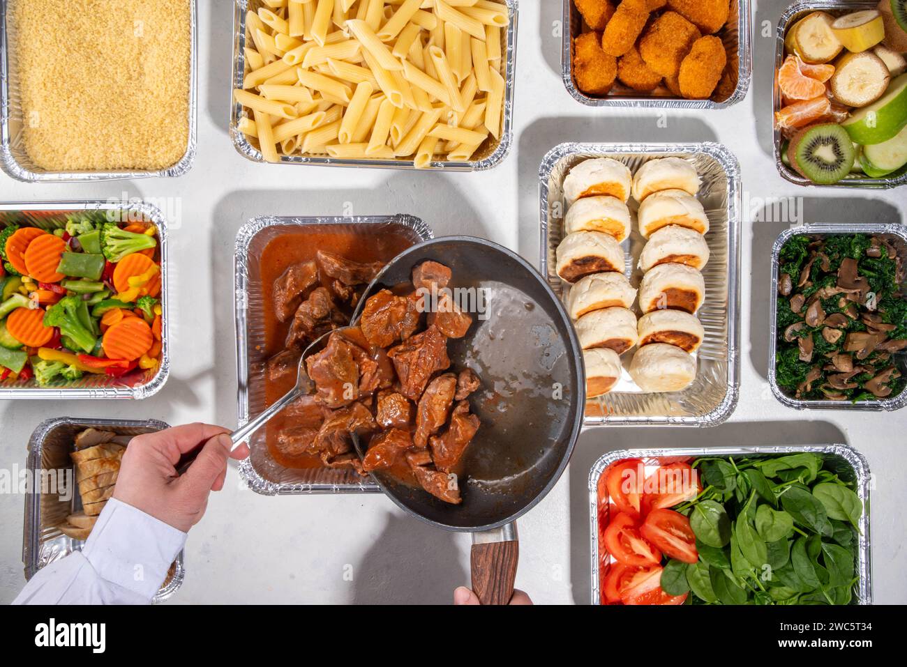 Batch Cooking Meal Prep concept. Several types of side dishes: cereals ...