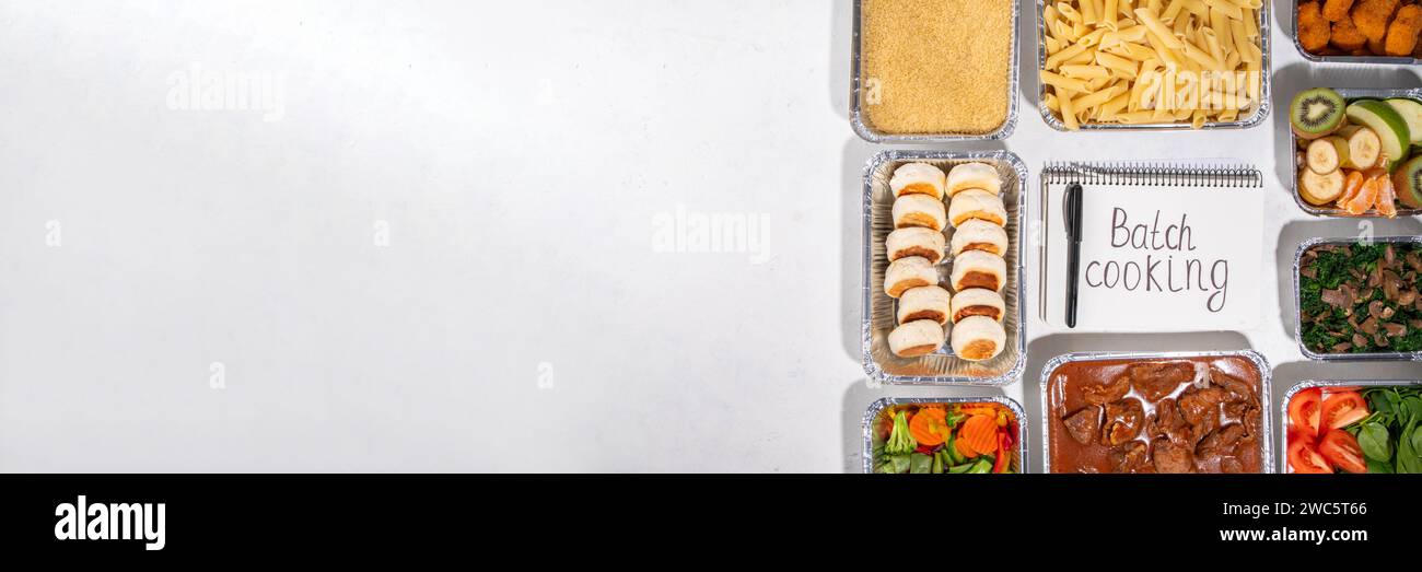 Batch Cooking Meal Prep concept. Several types of side dishes: cereals ...