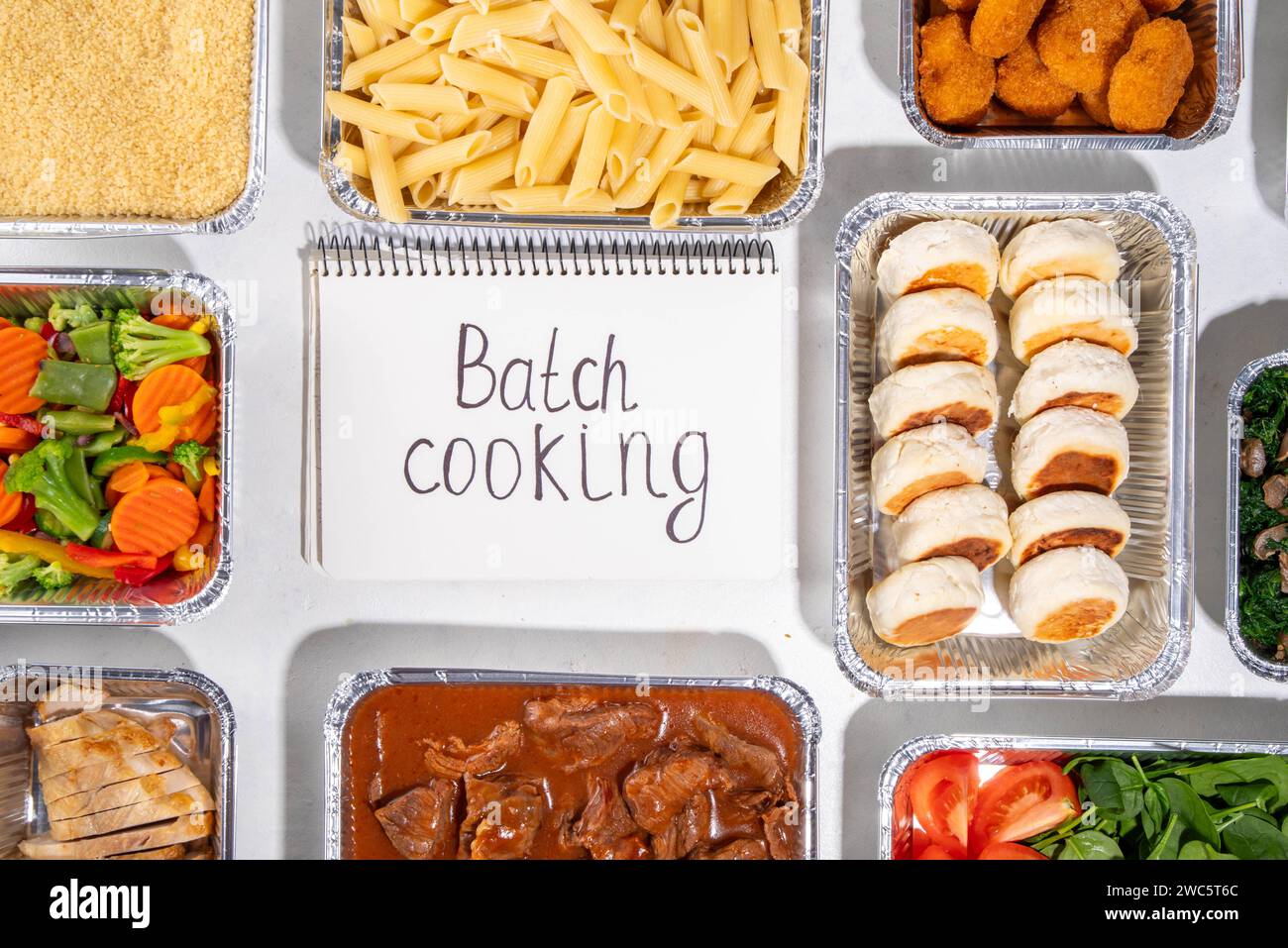 Batch Cooking Meal Prep concept. Several types of side dishes: cereals ...