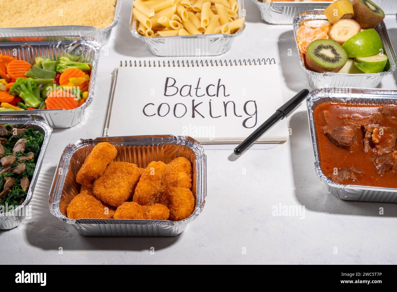 Batch Cooking Meal Prep concept. Several types of side dishes: cereals ...