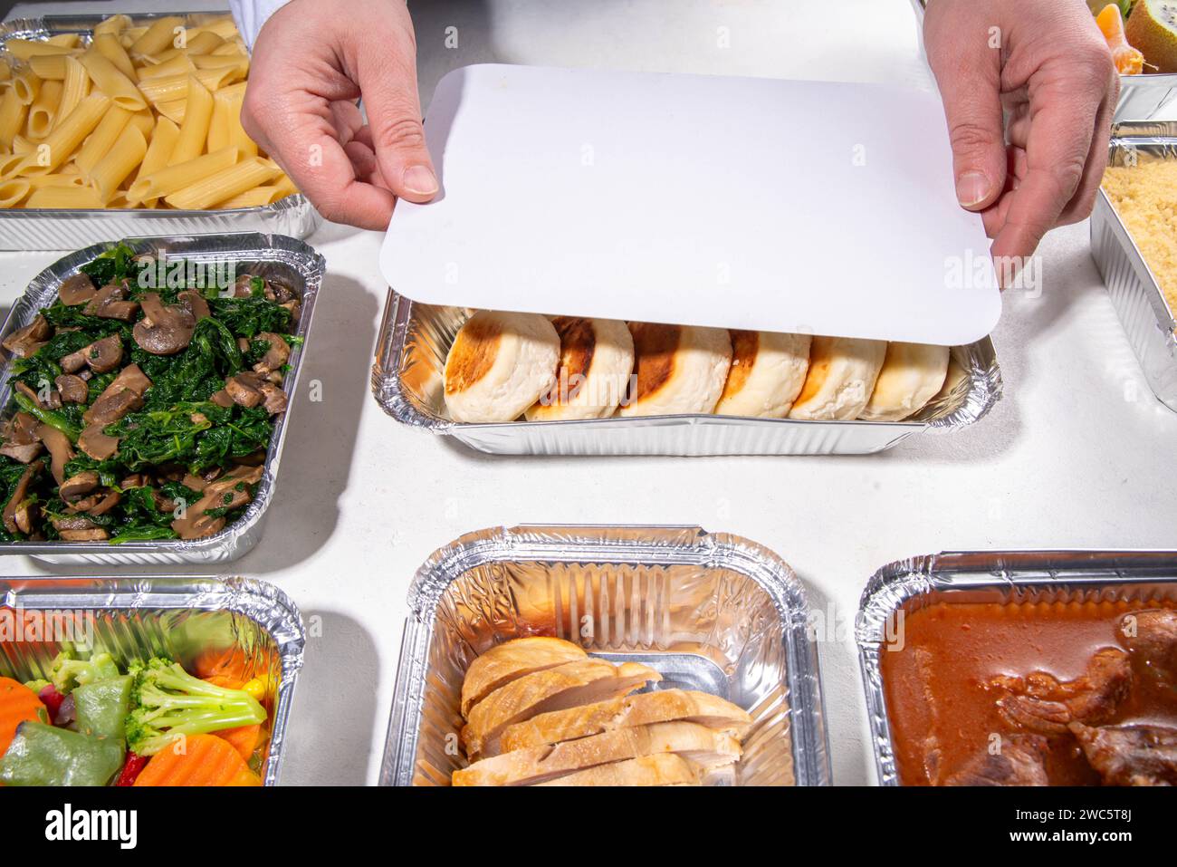 Batch Cooking Meal Prep concept. Several types of side dishes: cereals ...