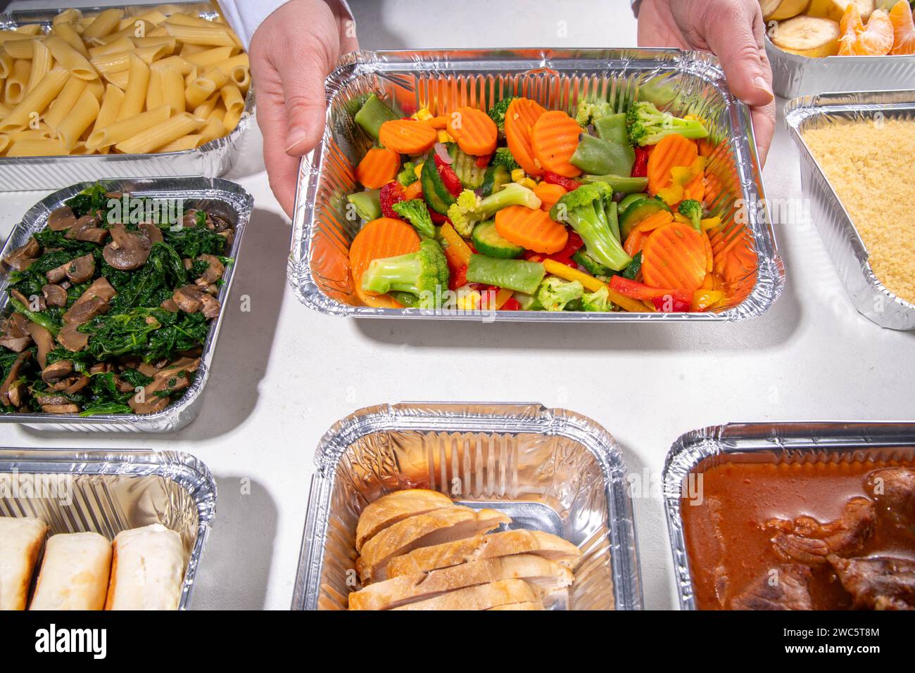 Batch Cooking Meal Prep concept. Several types of side dishes: cereals ...