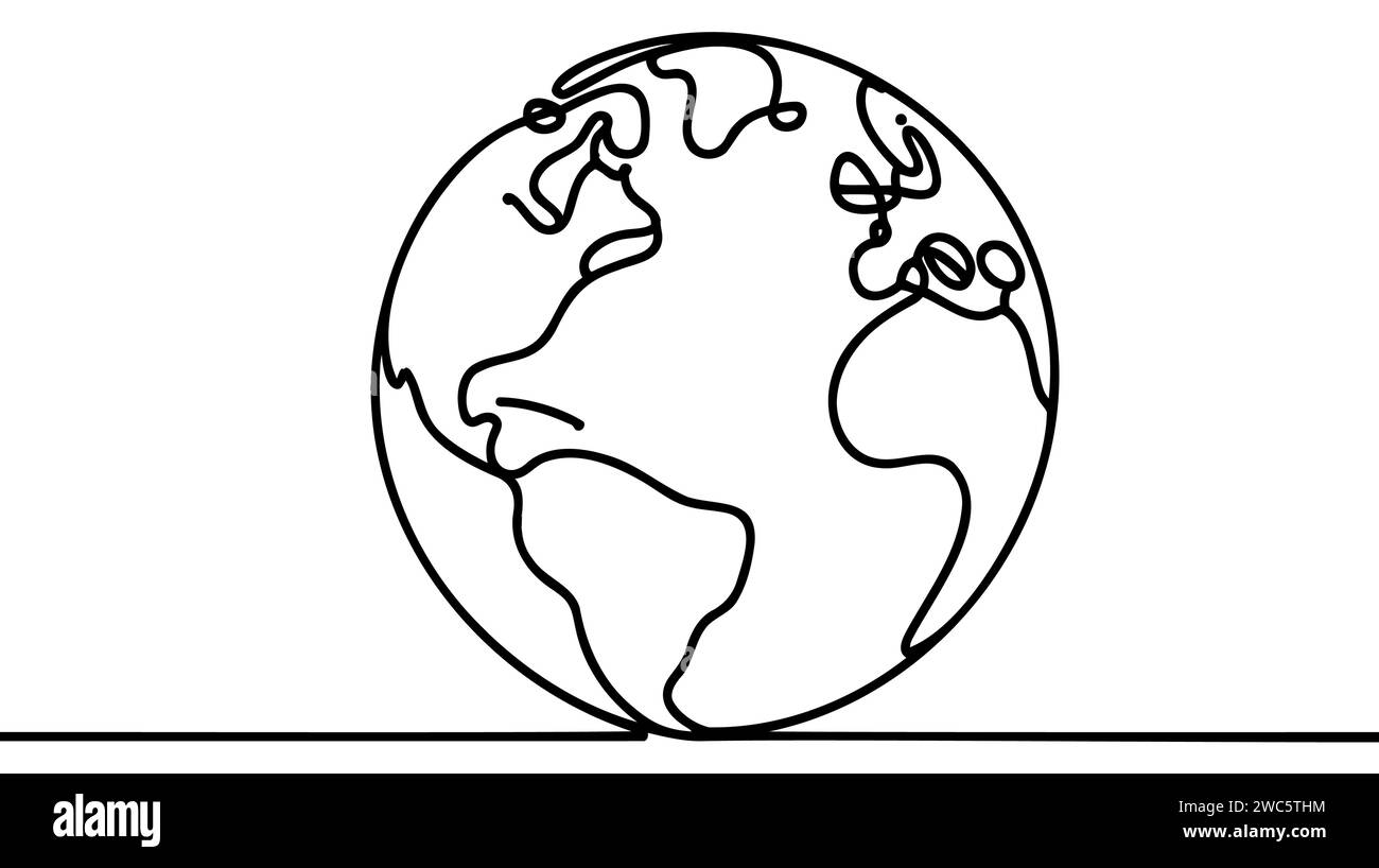 Earth silhouette one line continuous drawing. World map silhouette ...