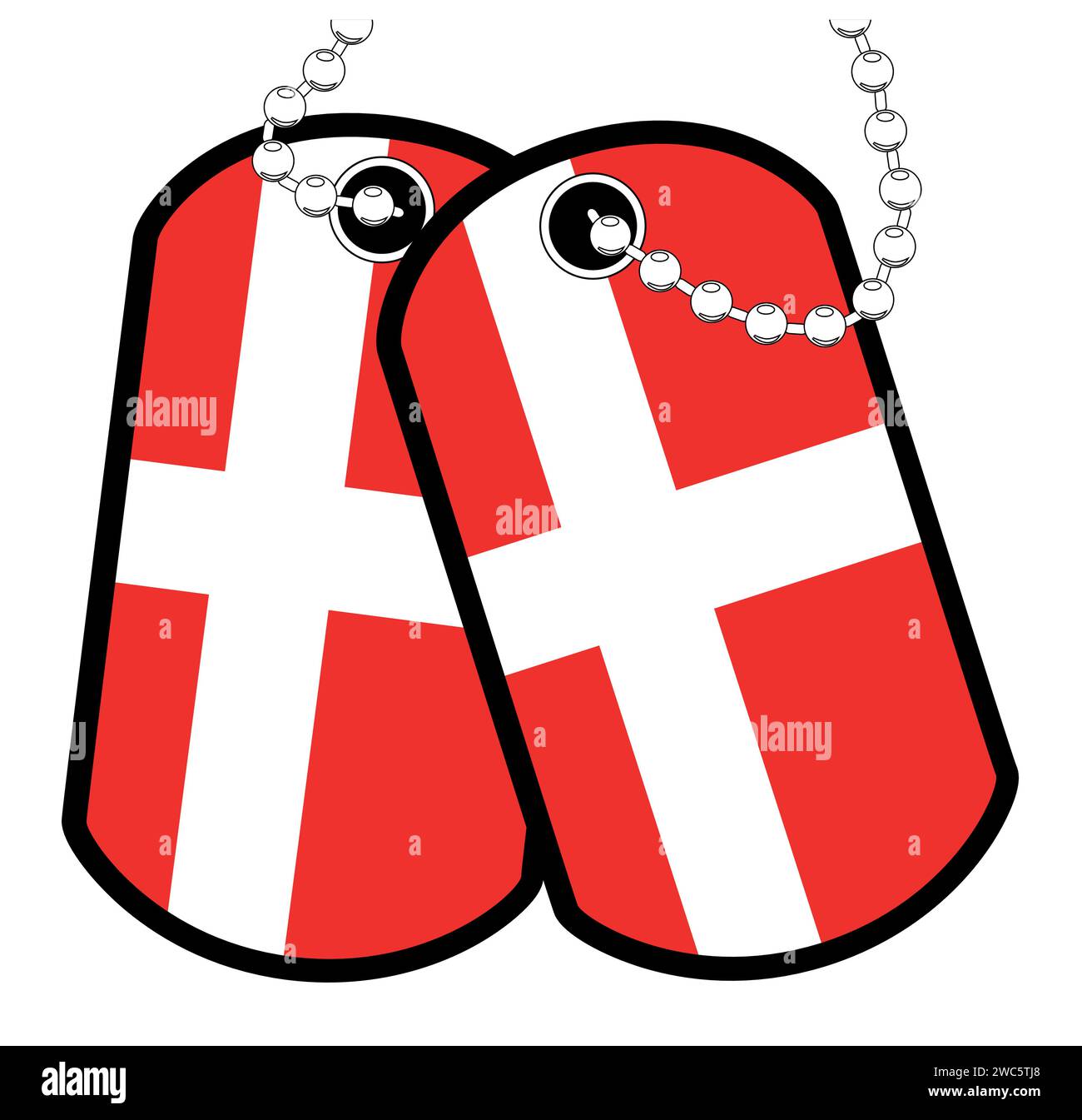 A pair of Danish military dog tags with chain over a white background ...