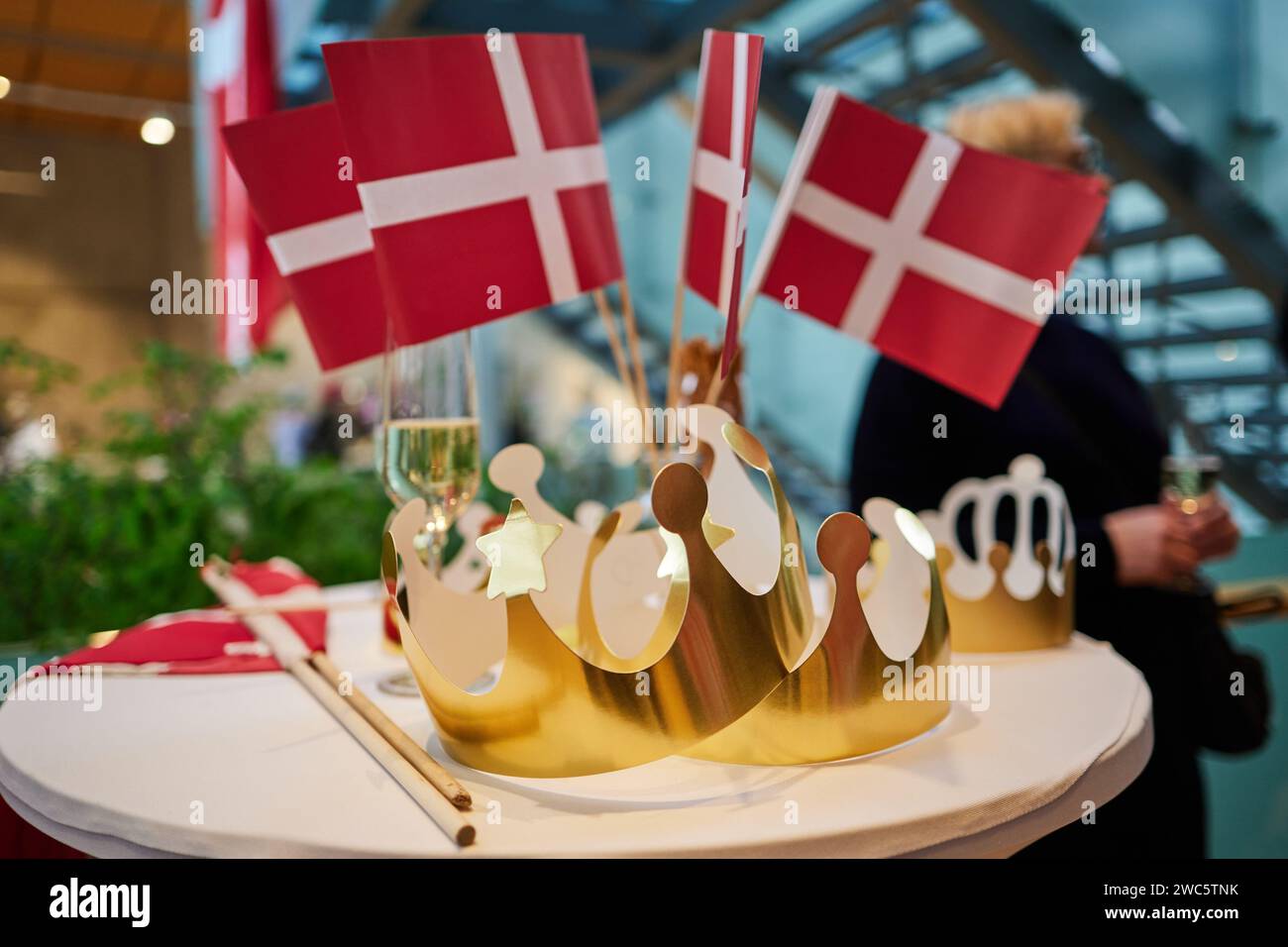 Berlin, Germany. 14th Jan, 2024. Tables decorated with flags and crowns ...