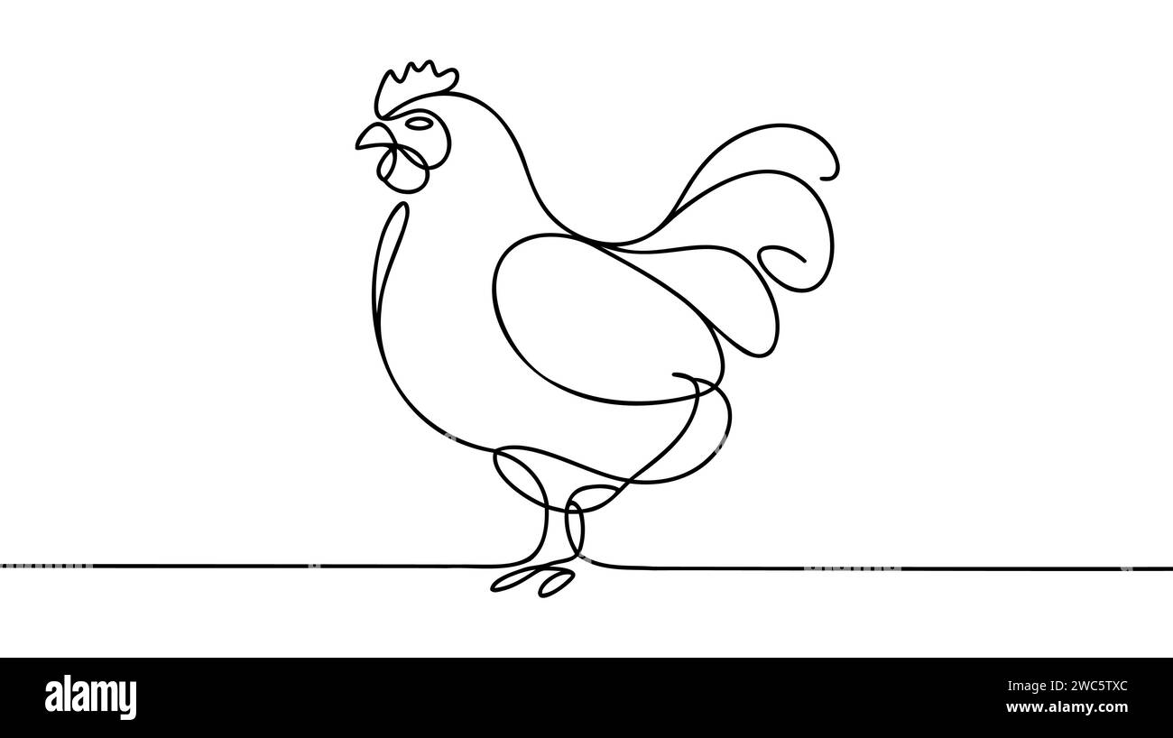 Hen in continuous line art drawing style. Chicken minimalist black ...