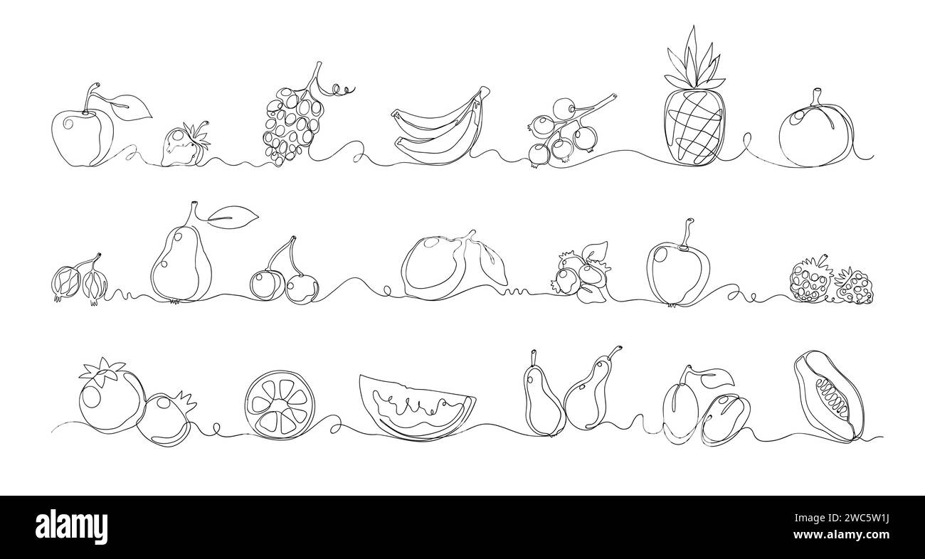 One line fruits. Exotic food. Tropical plants contour borders set ...