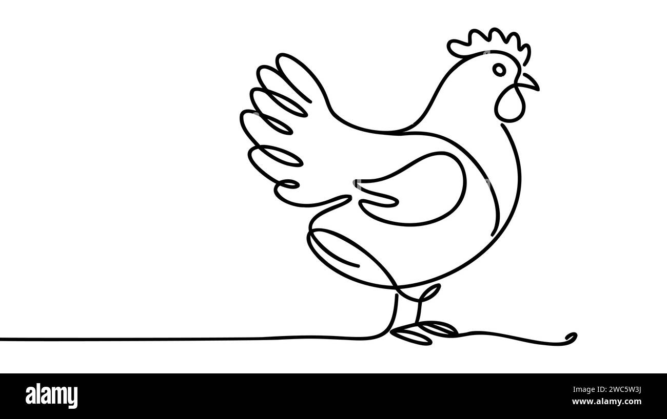 Hen in continuous line art drawing style. Chicken minimalist black ...