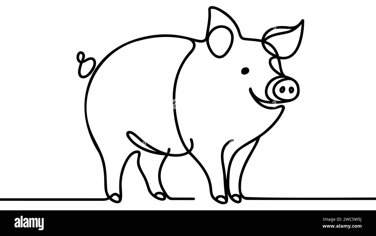 One line drawing of pig, Black and white vector minimalistic hand drawn ...