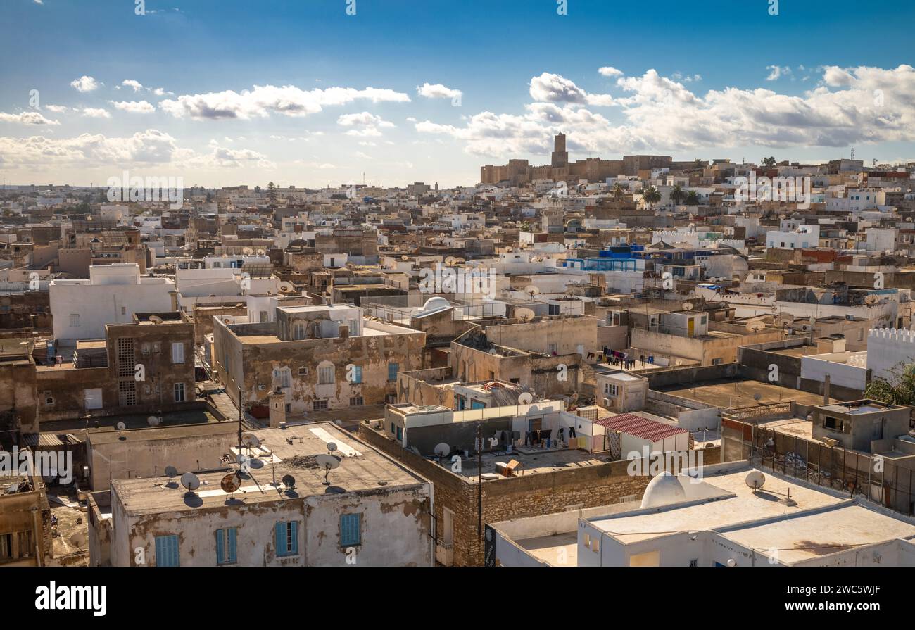 An aerial view from the Ribat across the ancient medina towards the ...