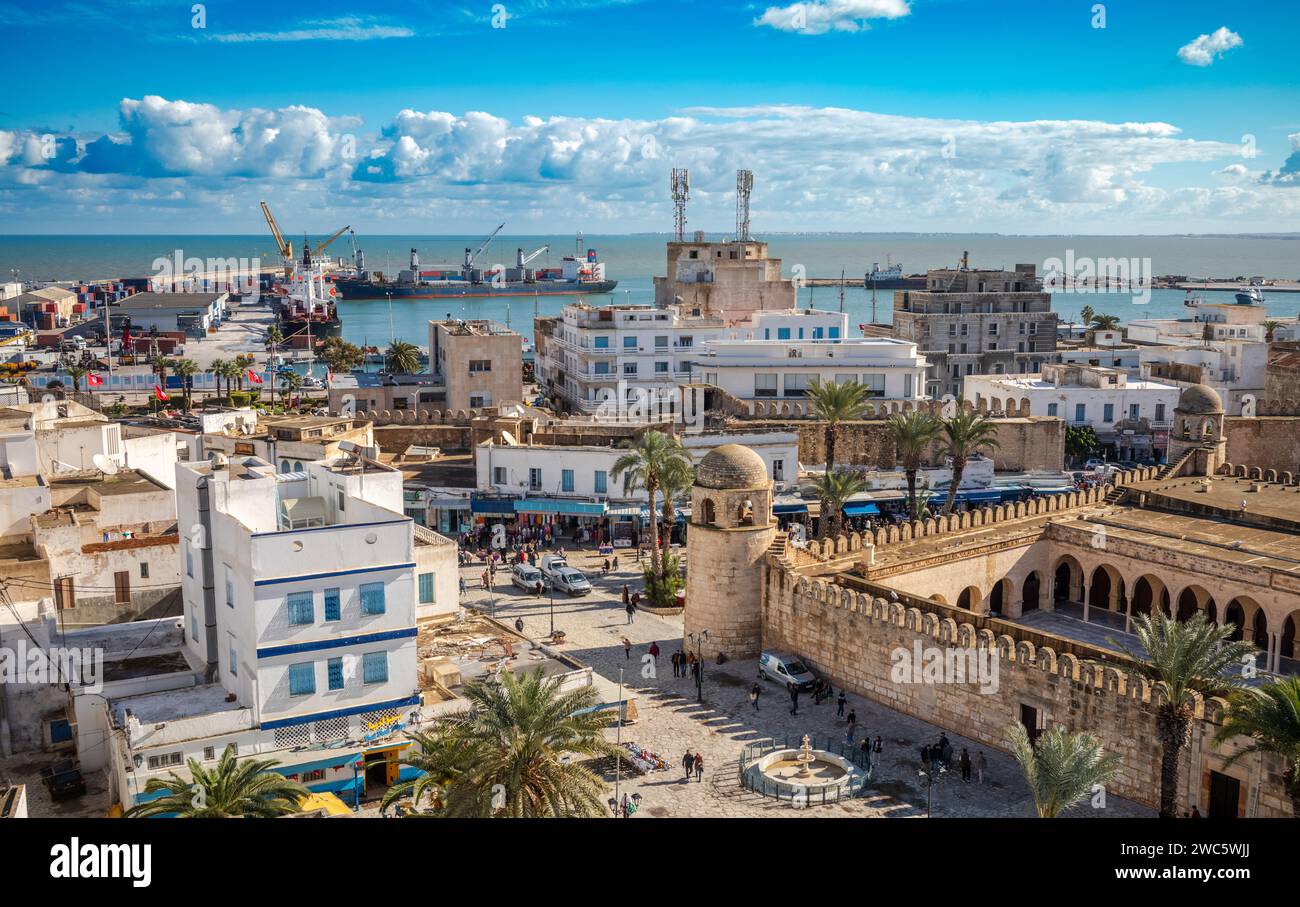 An aerial view of the Grand Mosque and the port looking down from the ...