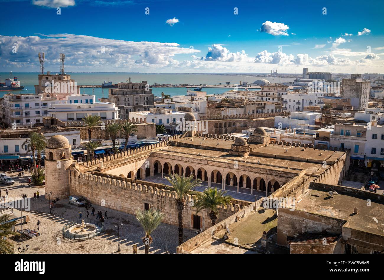 An aerial view of the Grand Mosque and the port looking down from the ...