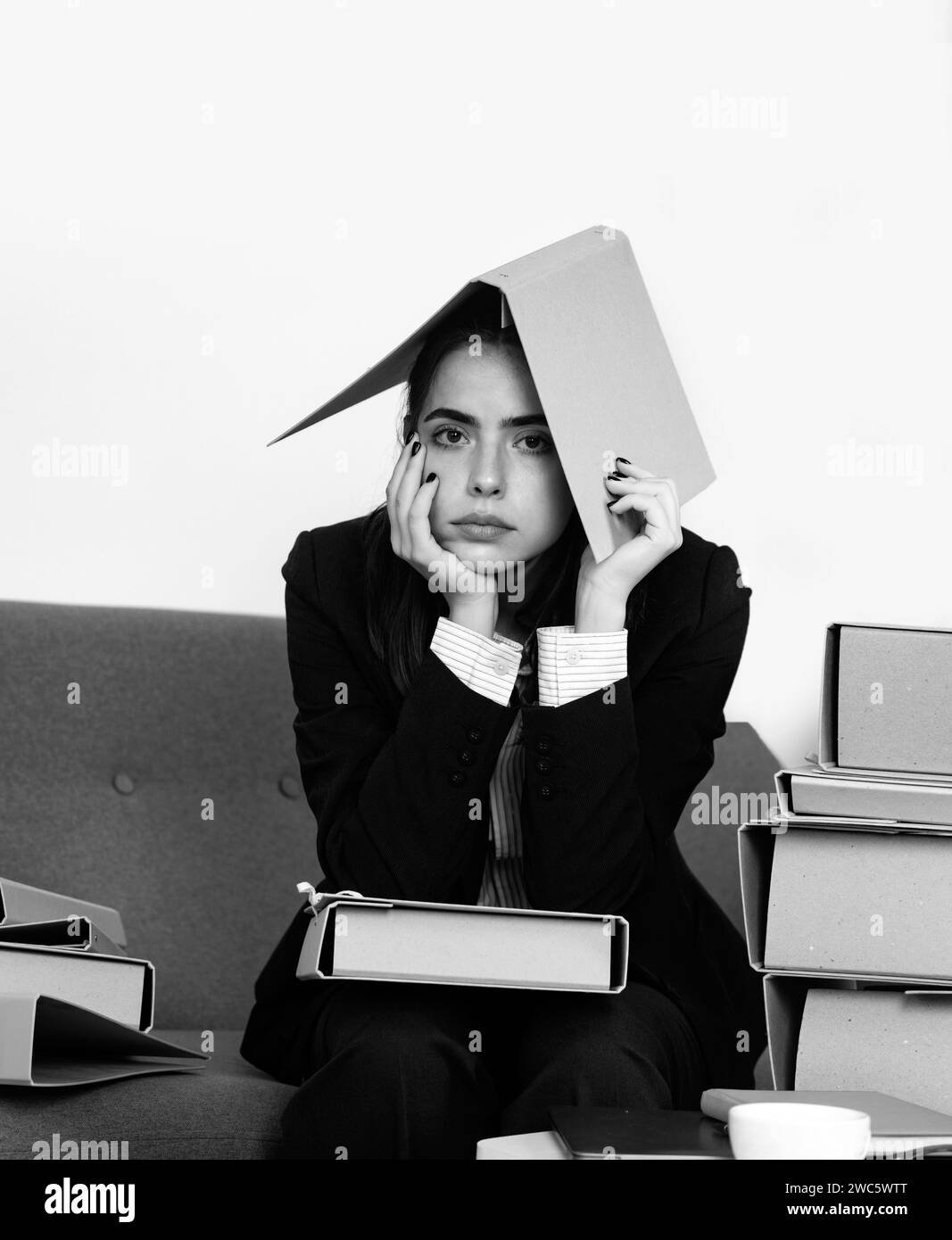 Sad secretary girl, stressed overworked businesswoman too much work ...