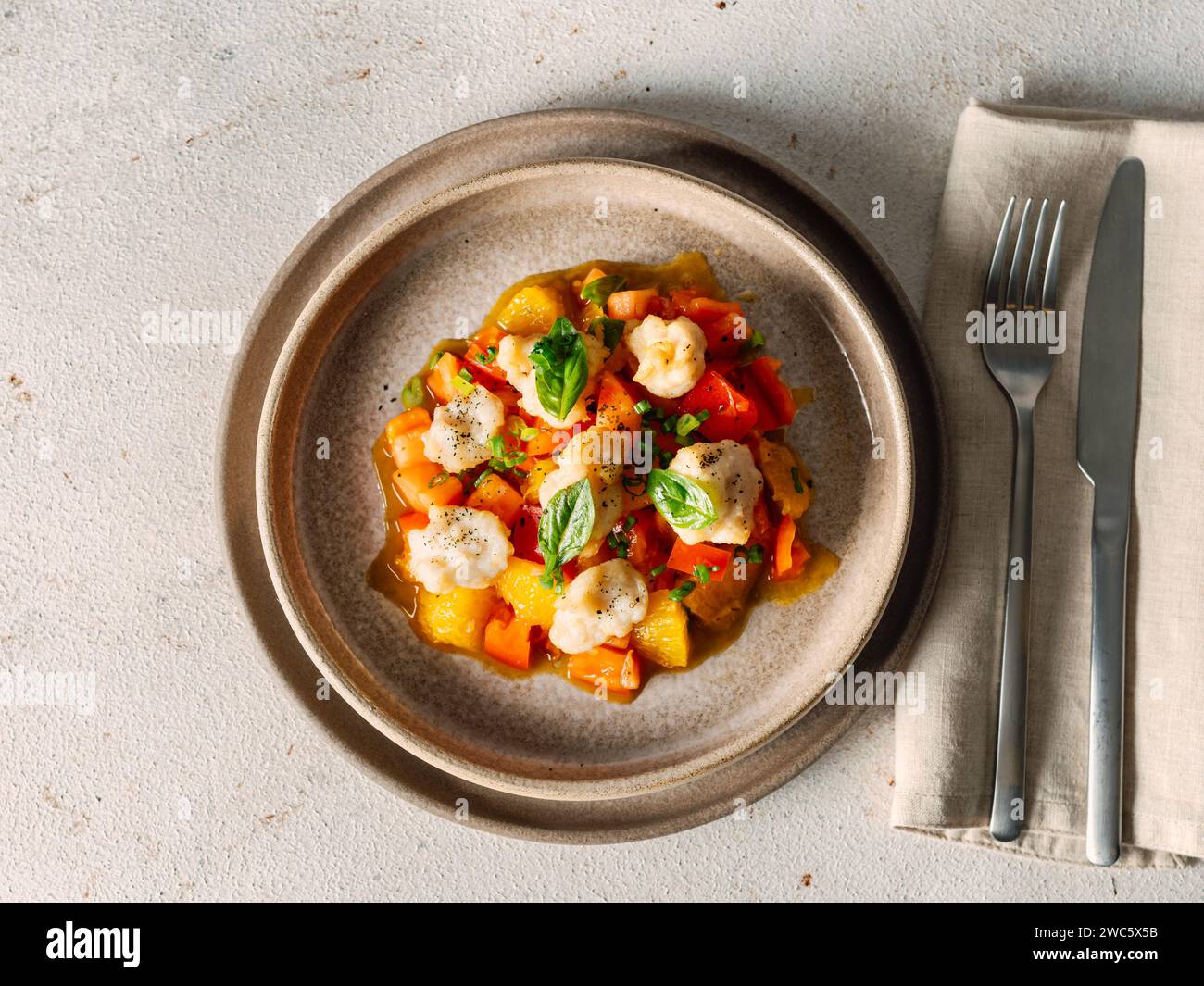 Delicious bright salad with puffed meat of chicken, fish or seafood, as ...