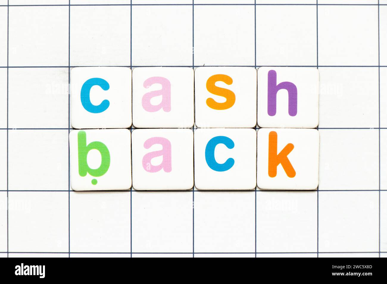 Colorful tile letter in word cash back on white grid background Stock ...