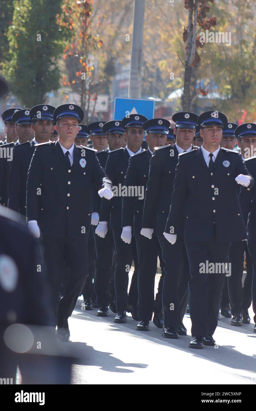 Turkish police units march in uniform during the Republic Day parade ...
