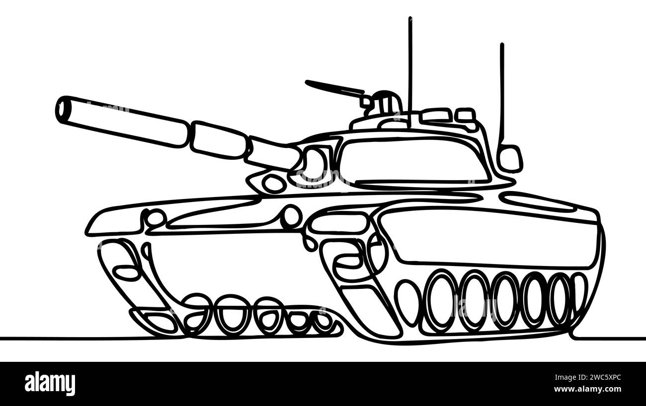 Tank continuous line drawing. One line art of military, armored ...