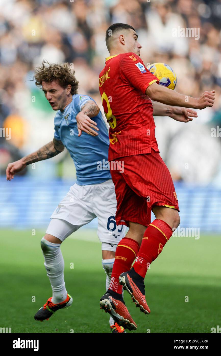 Lazio’s Italian midfielder Nicolo Rovella challenges for the ball with Lecce’s forward Nikola ...