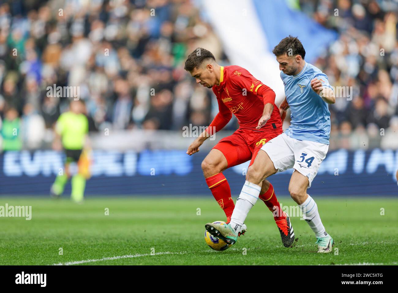 Lazio’s Spanish defender Mario Gila challenges for the ball with Lecce ...