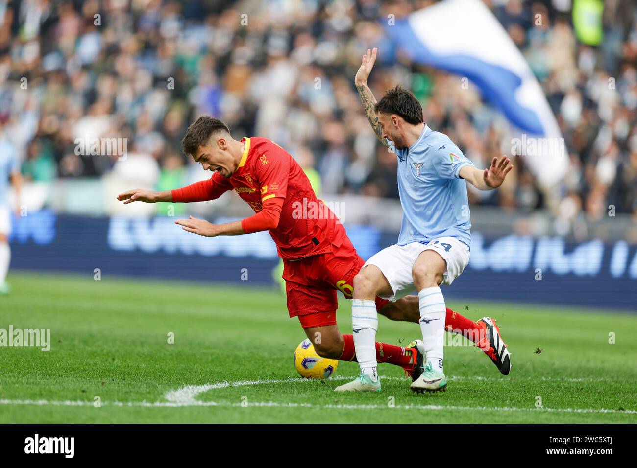 Lazio’s Spanish defender Mario Gila challenges for the ball with Lecce ...