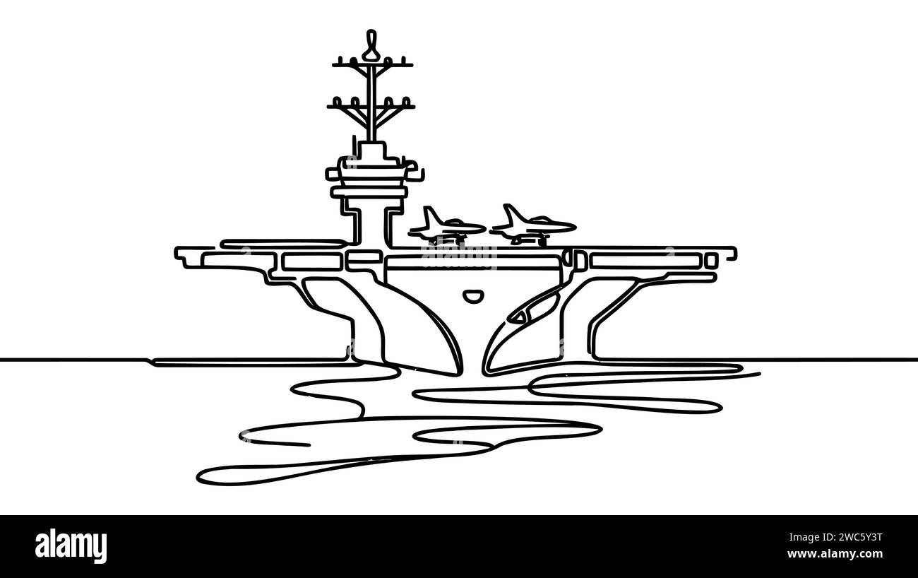 One Continuous Line Aircraft Carrier Vector Illustration Isolated On White Background Stock