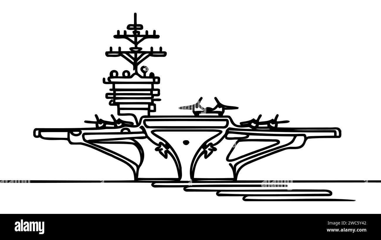 One Continuous Line Aircraft Carrier Vector Illustration Isolated On White Background Stock