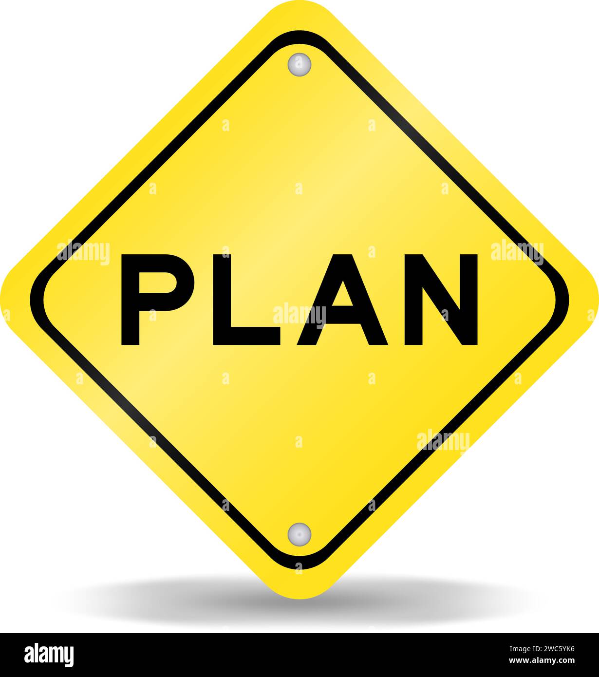 Yellow color transportation sign with word plan on white background ...