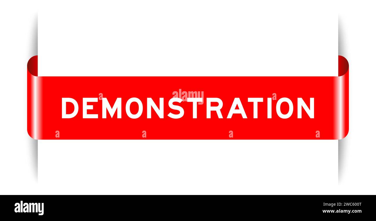 Red color inserted label banner with word demonstration on white ...