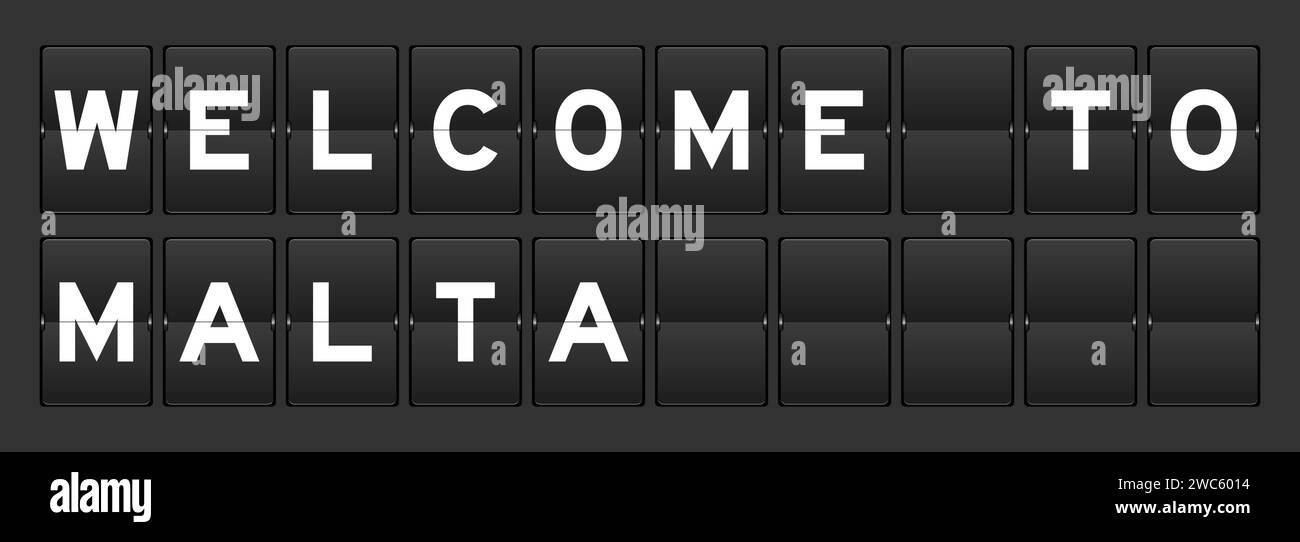 Black color analog flip board with word welcome to malta on gray ...