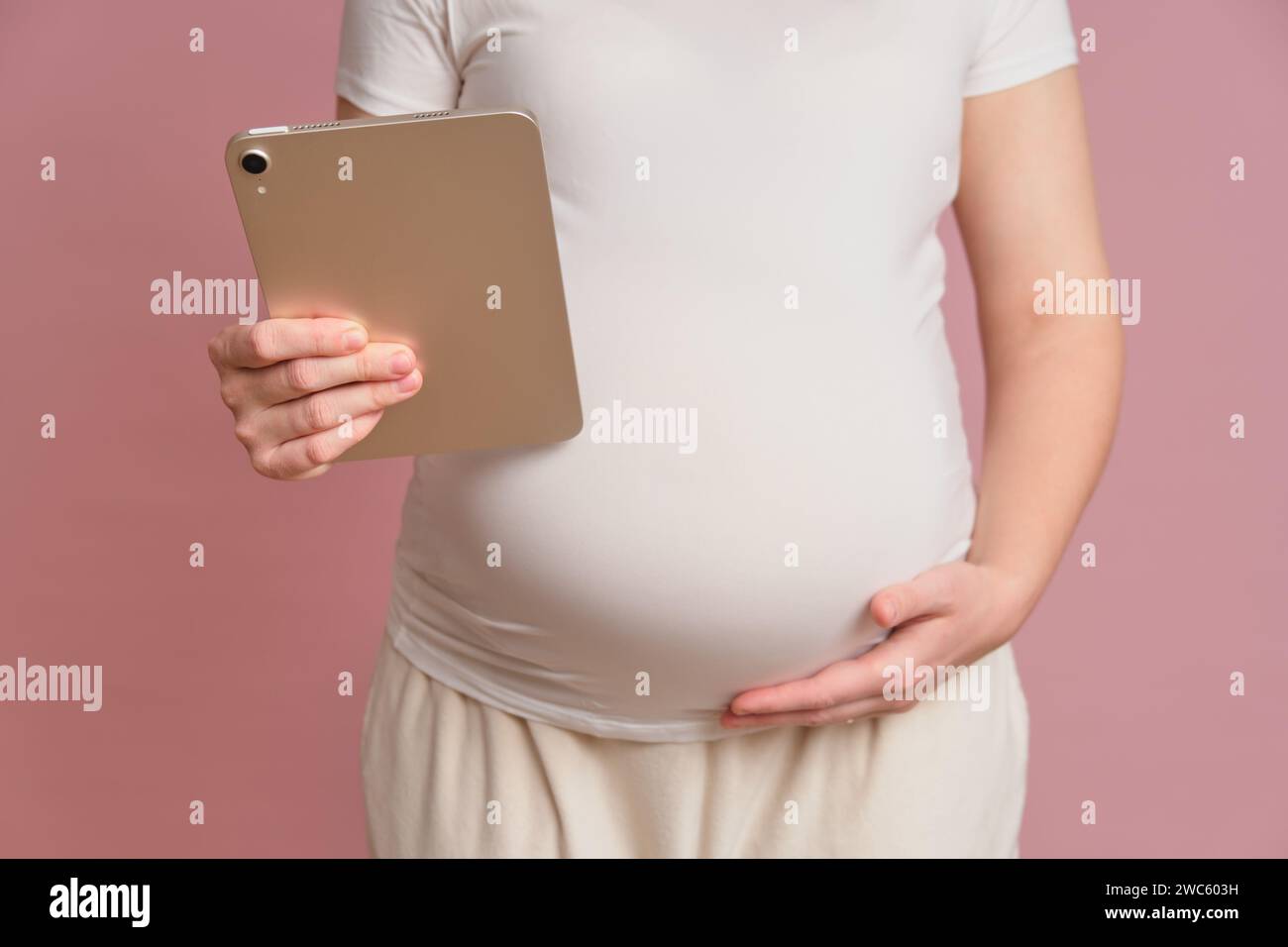 Pregnant woman holding digital tablet, studio pink background ...