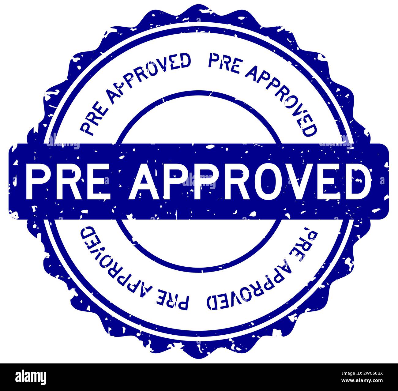 Grunge blue pre approved word round rubber seal stamp on white ...