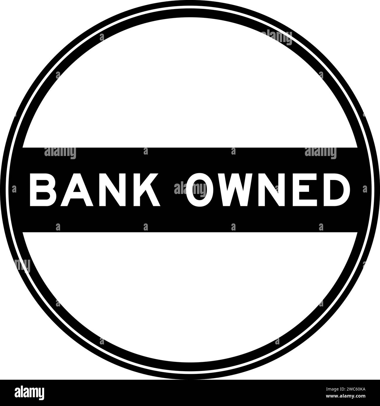 Black color round seal sticker in word bank owned on white background ...