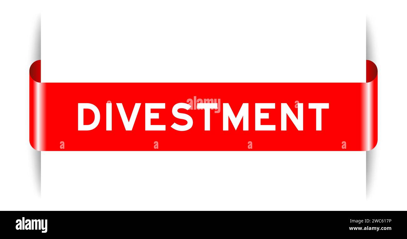 Red color inserted label banner with word divestment on white ...