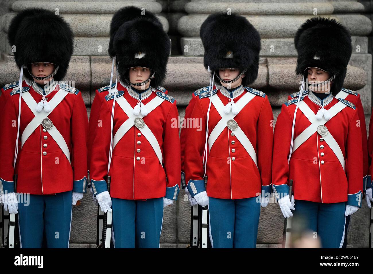 Ceremonial soldiers line-up outside of Christiansborg Palace in ...