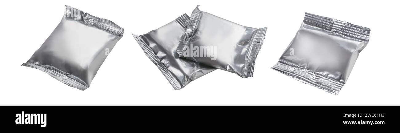 collection of various aluminum bags on white background Stock Photo - Alamy