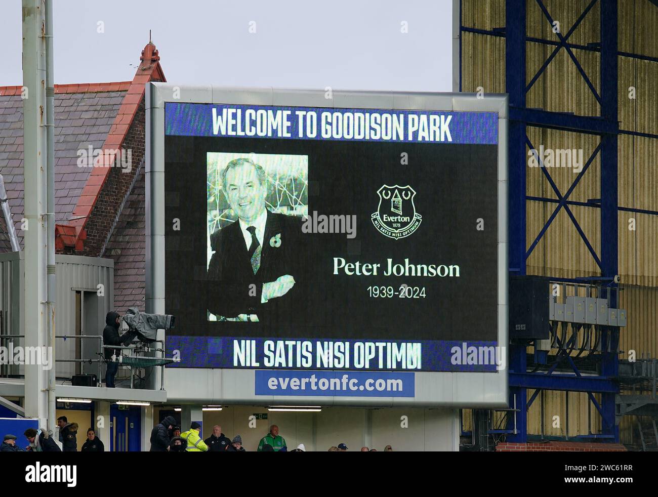 A tribute to former Everton chairman Peter Johnson on the big screen ...