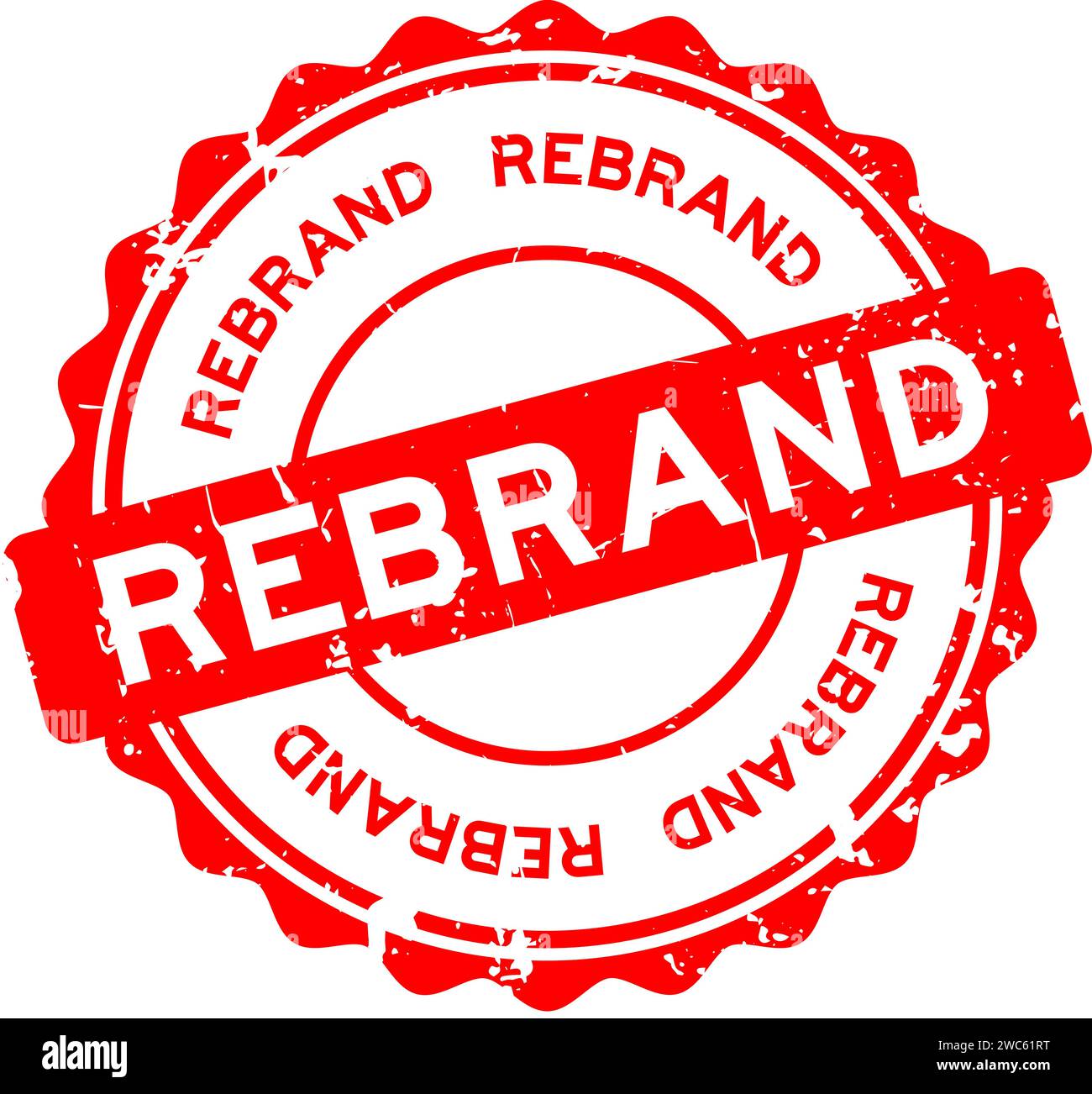 Grunge red rebrand word round rubber seal stamp on white background ...
