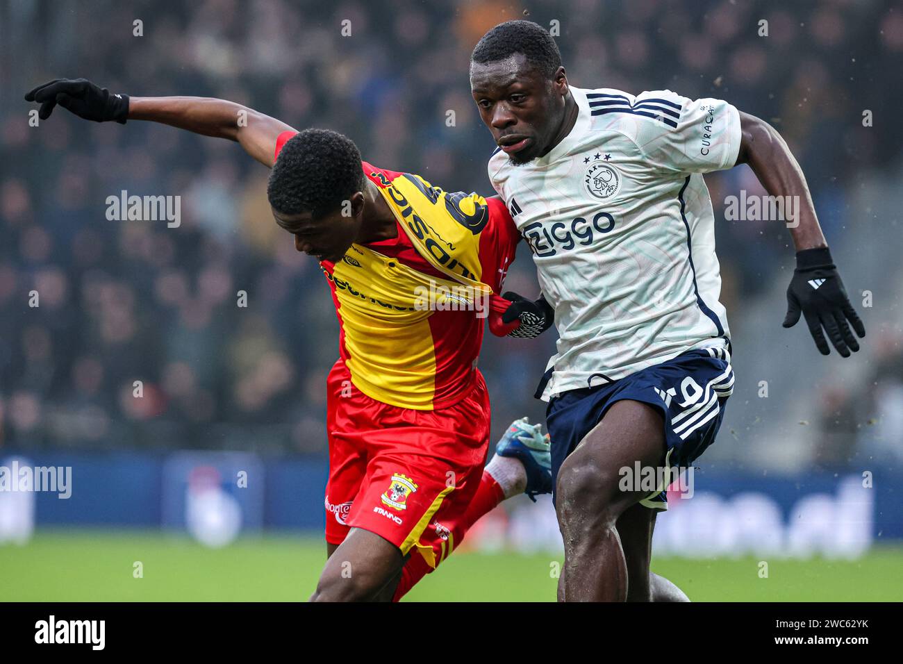 DEVENTER, NETHERLANDS - JANUARY 14: Jamal Amofa of Go Ahead Eagles, Brian Brobbey of AFC Ajax ...