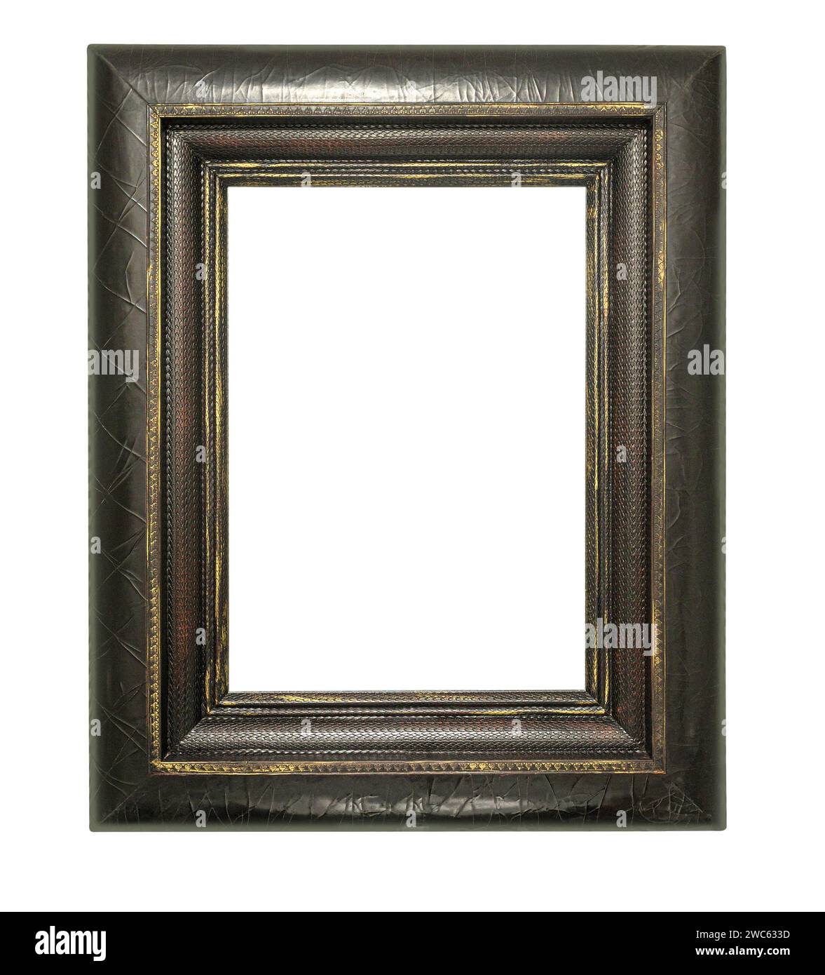 decorative antique black leather-covered frame isolated on white ...