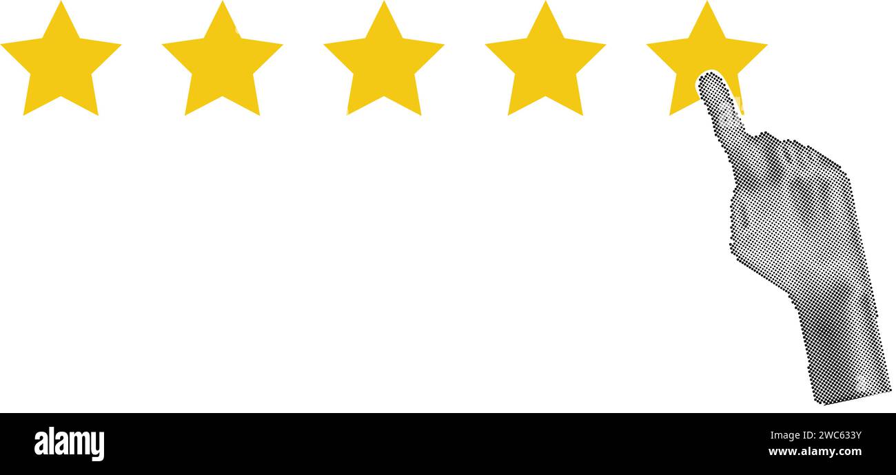 Halftone hand pointing, finger push to five star rating. Feedback ...