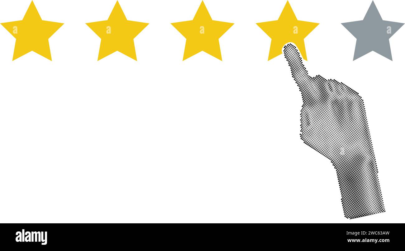Halftone hand pointing, finger push to four star rating. Feedback ...