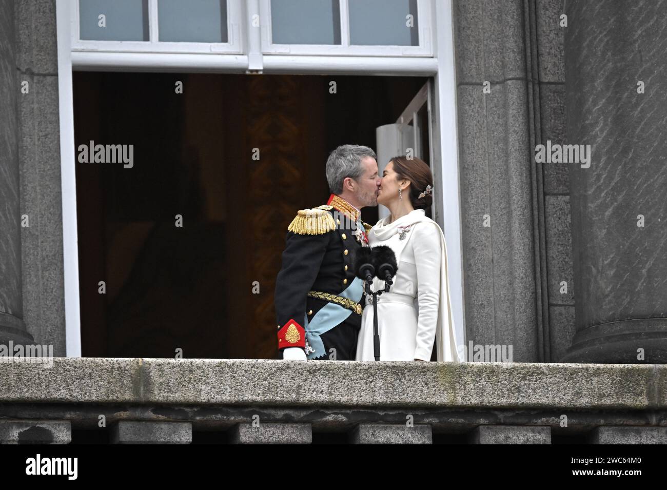 COPENHAGEN, DENMARK 20240114King Frederik X kisses Queen Mary at the balcony of Christiansborg ...