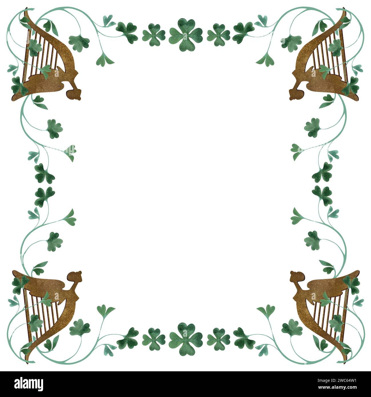 Frame of shamrock clover sprigs with Celtic harps. Decoration for St ...
