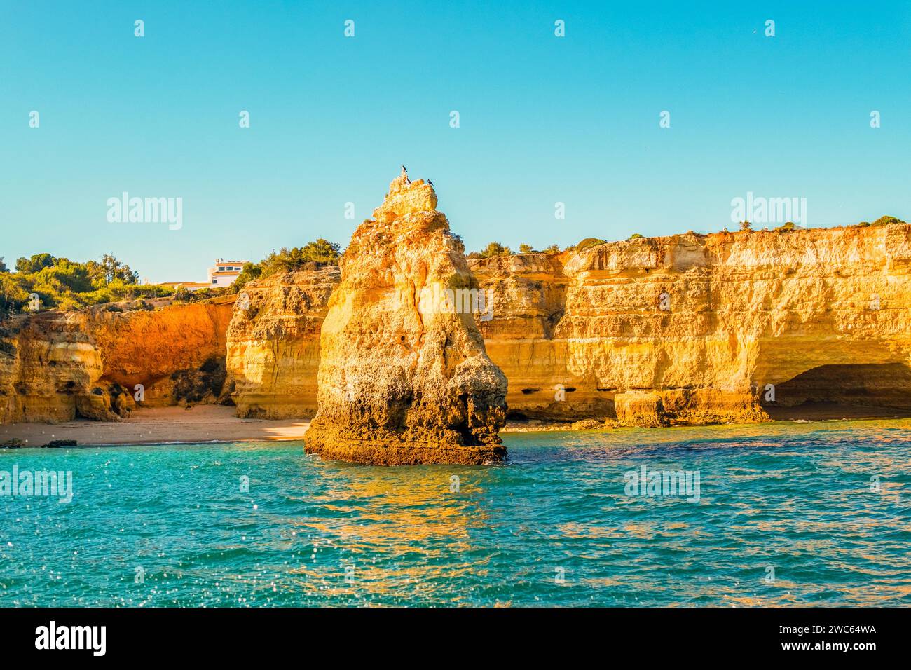 Beautiful limestone Algarve coast with caves and rock formation, Albufeira, south of Portugal ...