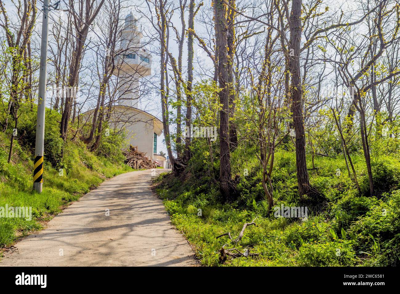 White lighthouse on top of tree covered hill in rural countryside Stock ...