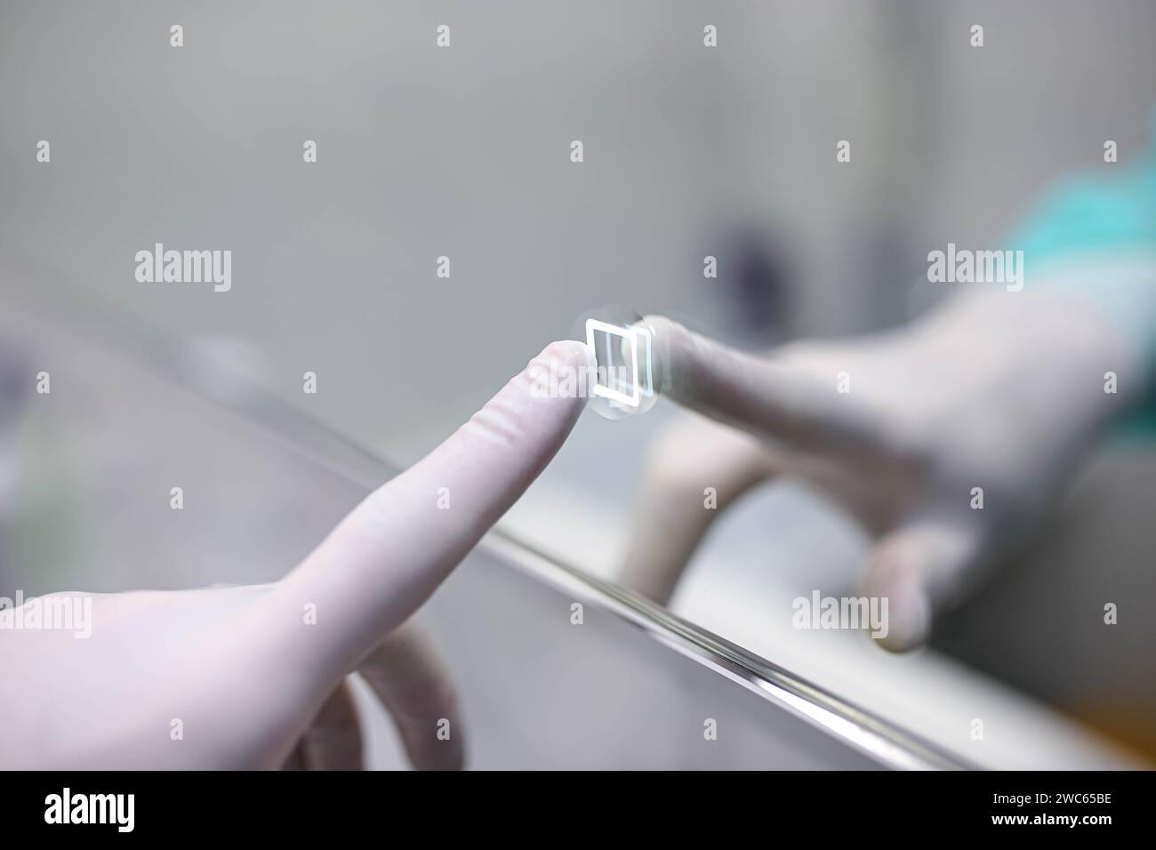 Finger touch glowing button on the mirror display. 3d technology in ...