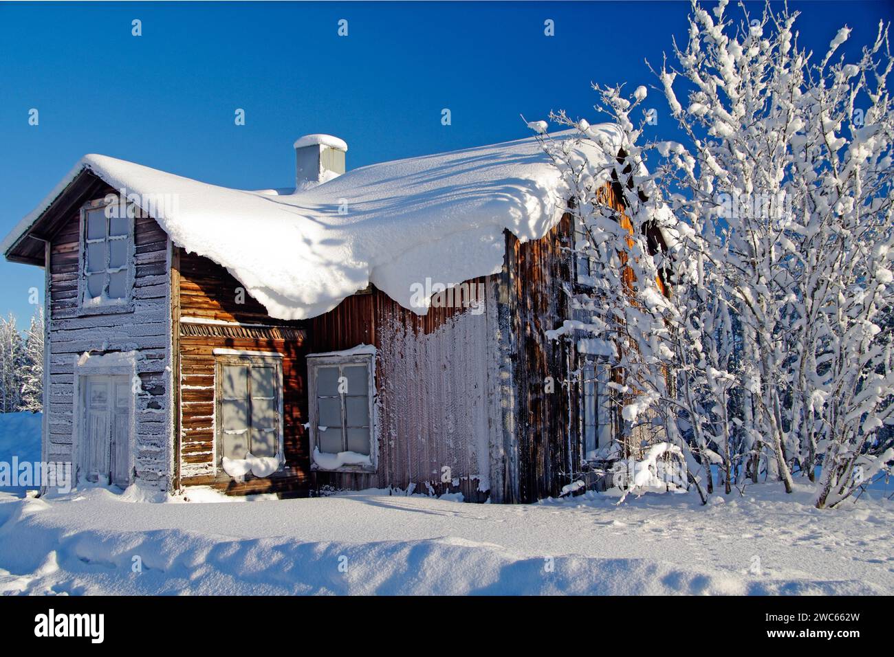 Europe, Finland, Lapland, wooden hut in winter, deep snow, Finnish ...