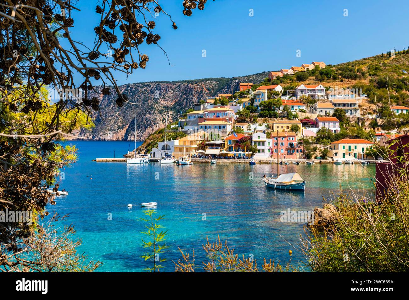 Europe, Greece, Kefalonia, View of Port Assos, Picturesque village ...