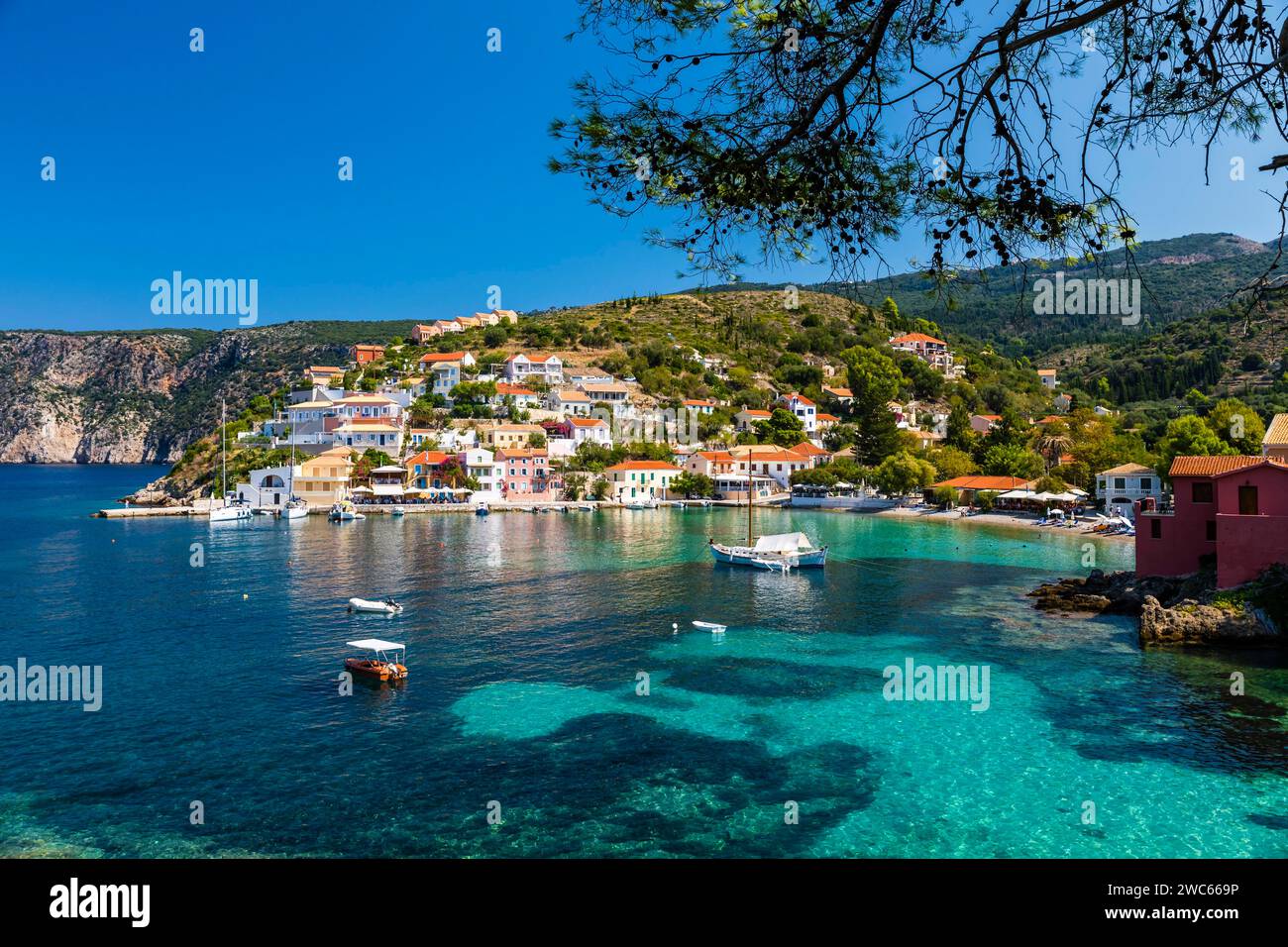 Europe, Greece, Kefalonia, View of Port Assos, Picturesque village ...