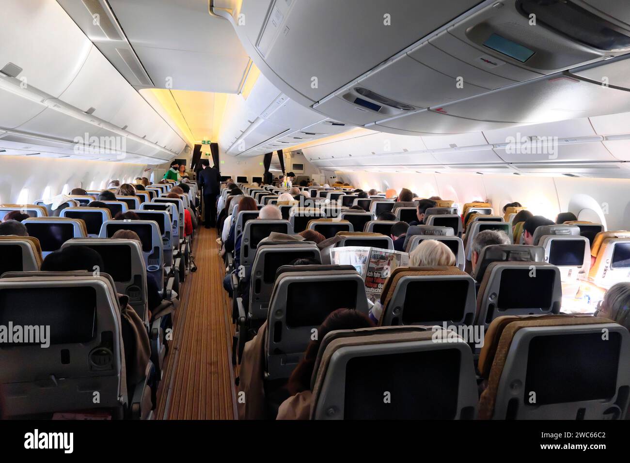 Interior view left Economy Class Airbus A 350 900 Singapore Airline ...